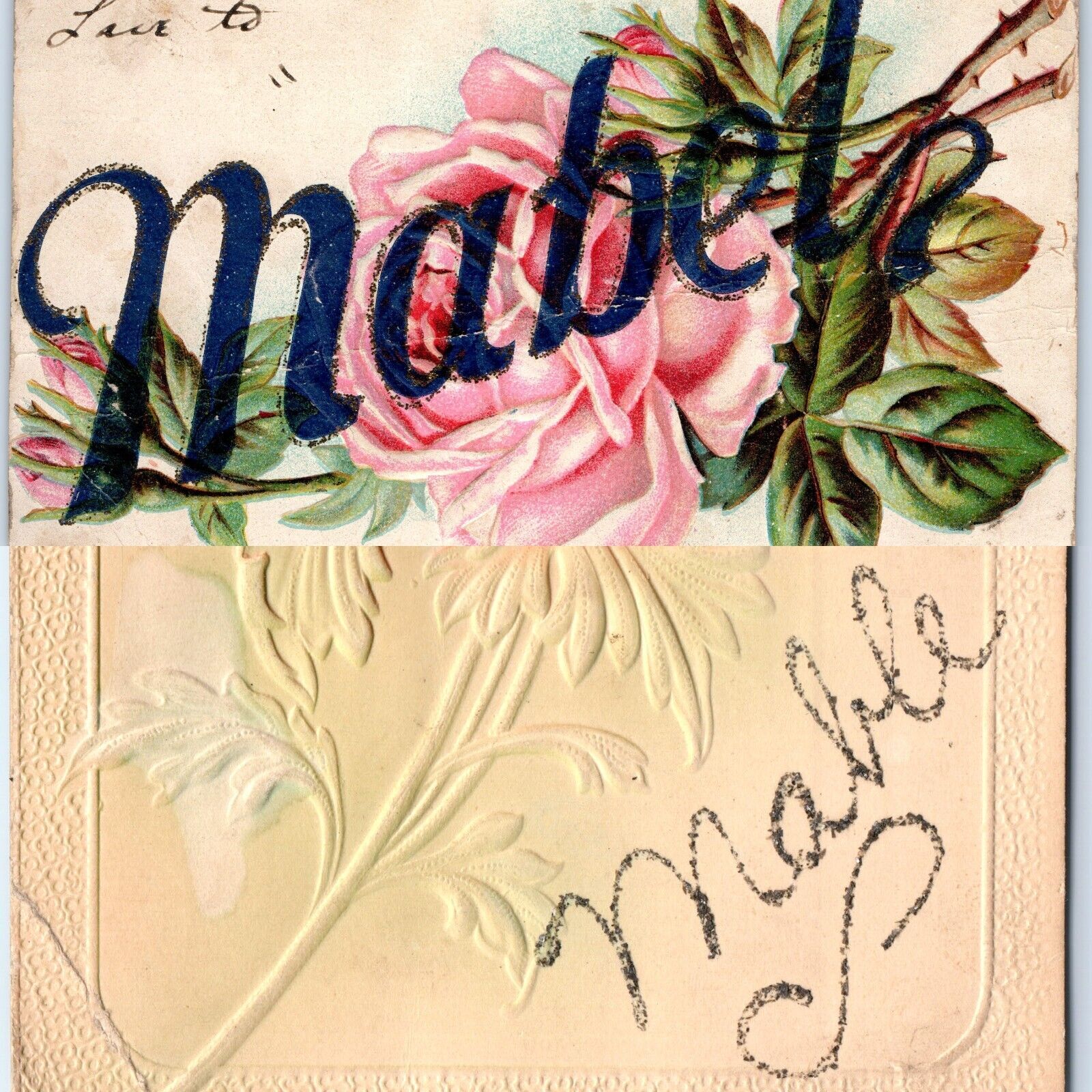 x2 LOT c1900s Custom Name Mable Mabel Postcards Mica Glitter Embossed ...