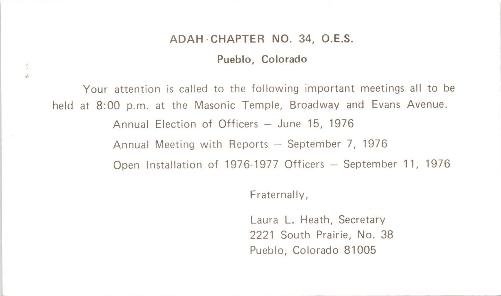 Masonic Temple Meeting Laura Heath ADA Chapter 34 OES Pueblo CO ...