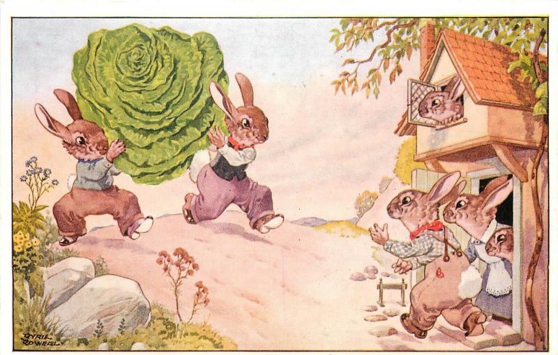Vintage Postcard; Dressed Bunny Rabbits bring Lettuce for Tea, A/S ...