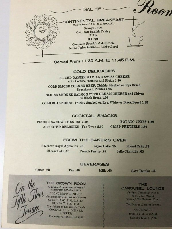 1960s Sheraton Motor Inn NYC Room Service Menu Crown Restaurant ...