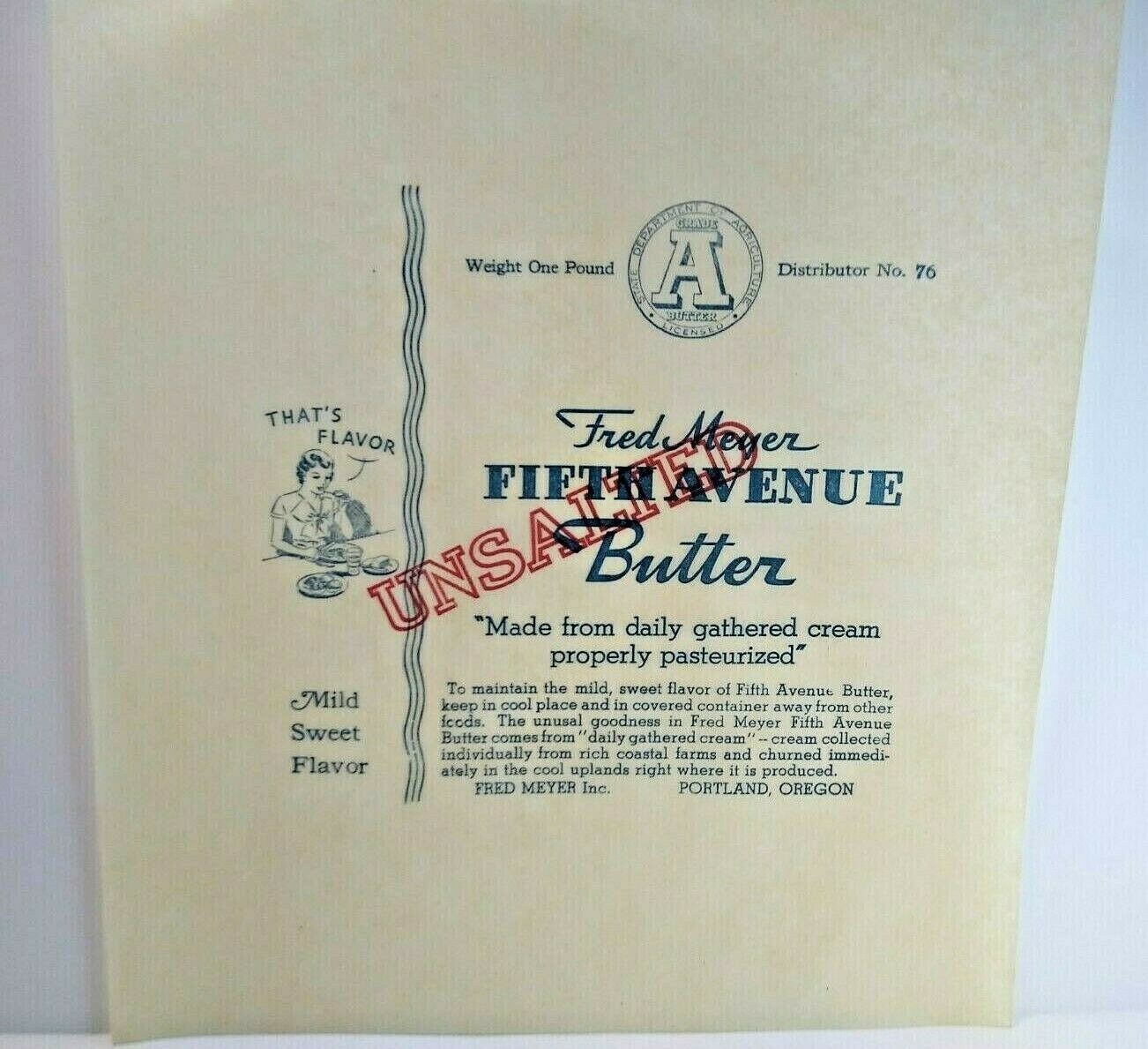 Butter Wrapper Fred Meyer Fifth Avenue 1 Pound LabelOriginal Circa 1940 ...