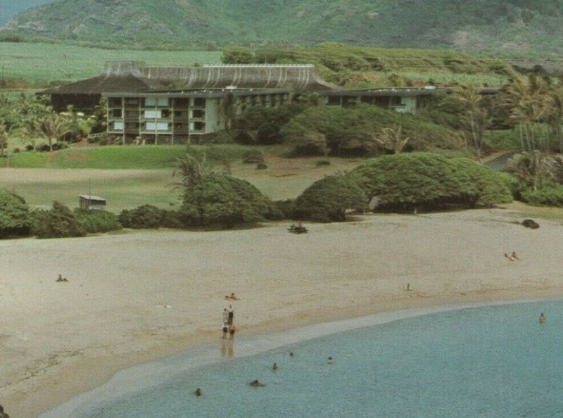 Vintage Kauai Resort Hotel beach scene ocean rocks Kauai Hawaii birds ...