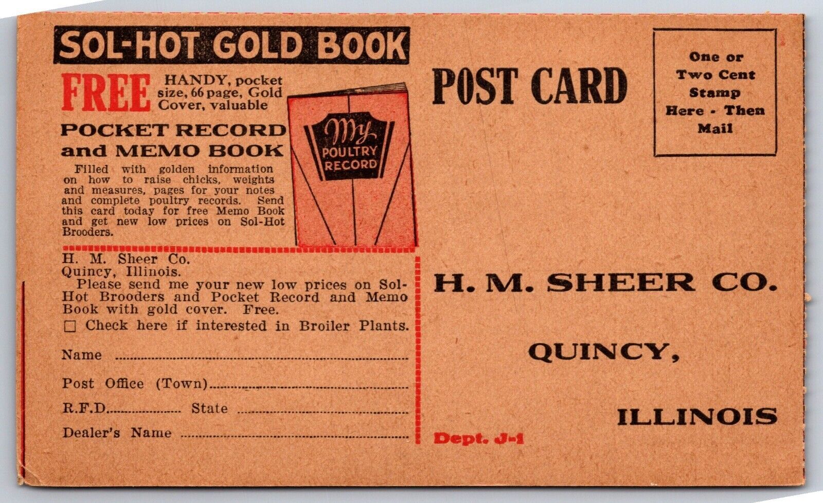 Quincy IL H M Sheer Co~Sol Hot Poultry Brooders~Memo Book Postal ...