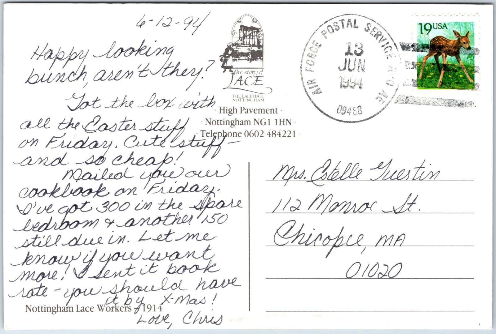 Vintage Continental Sized Postcard Reproduction of 1914 Nottingham Lace ...