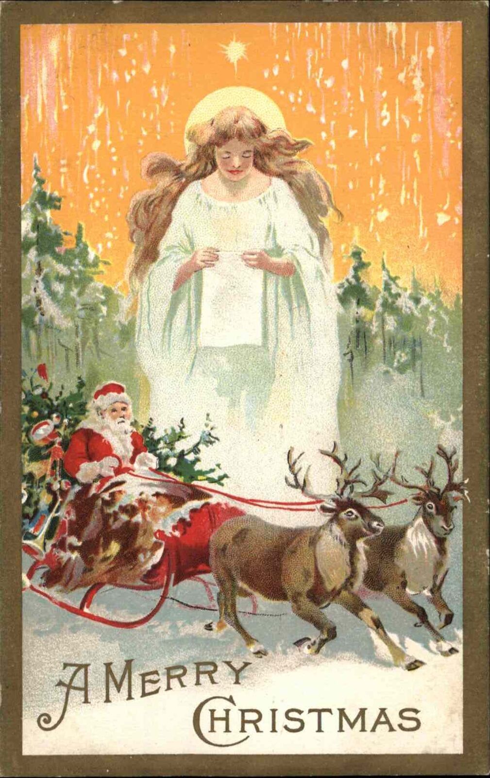 Christmas Giant Angel Looks Over Santa Claus and Reindeer c1910 ...