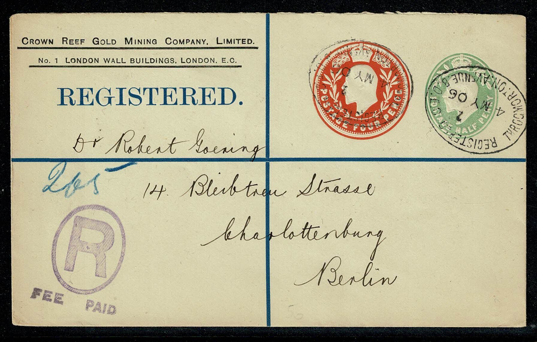 GB 4d & ½d compound stamping on "Crown Reef Gold Mining Co." Registered ...