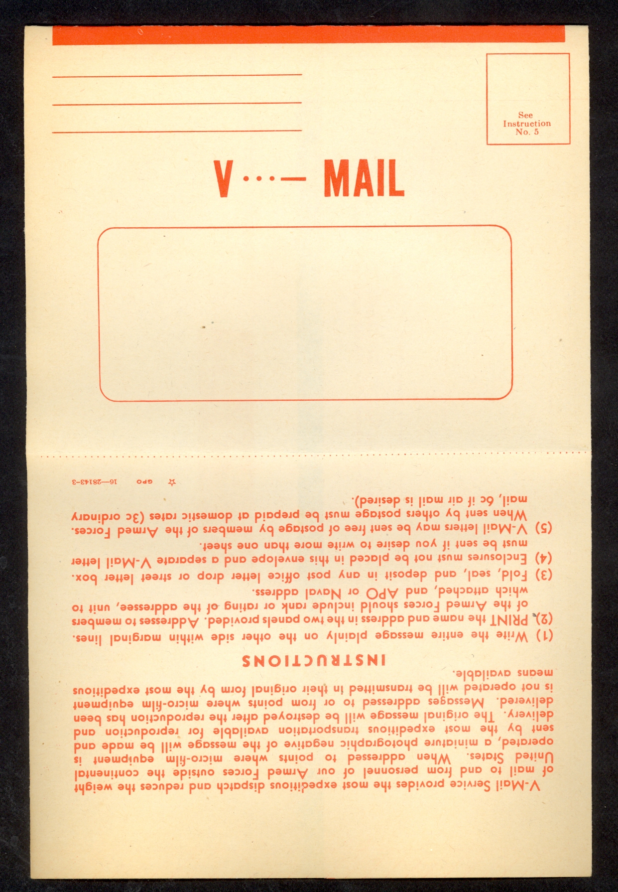 USA WW2 1943 V MAIL LETTER SHEET UNUSED / HipStamp