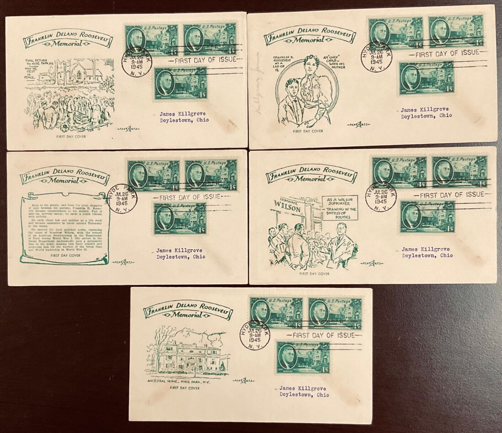 930 5 Pent Arts cachets FDR Hyde Park Residence FDCs 1945 | United ...