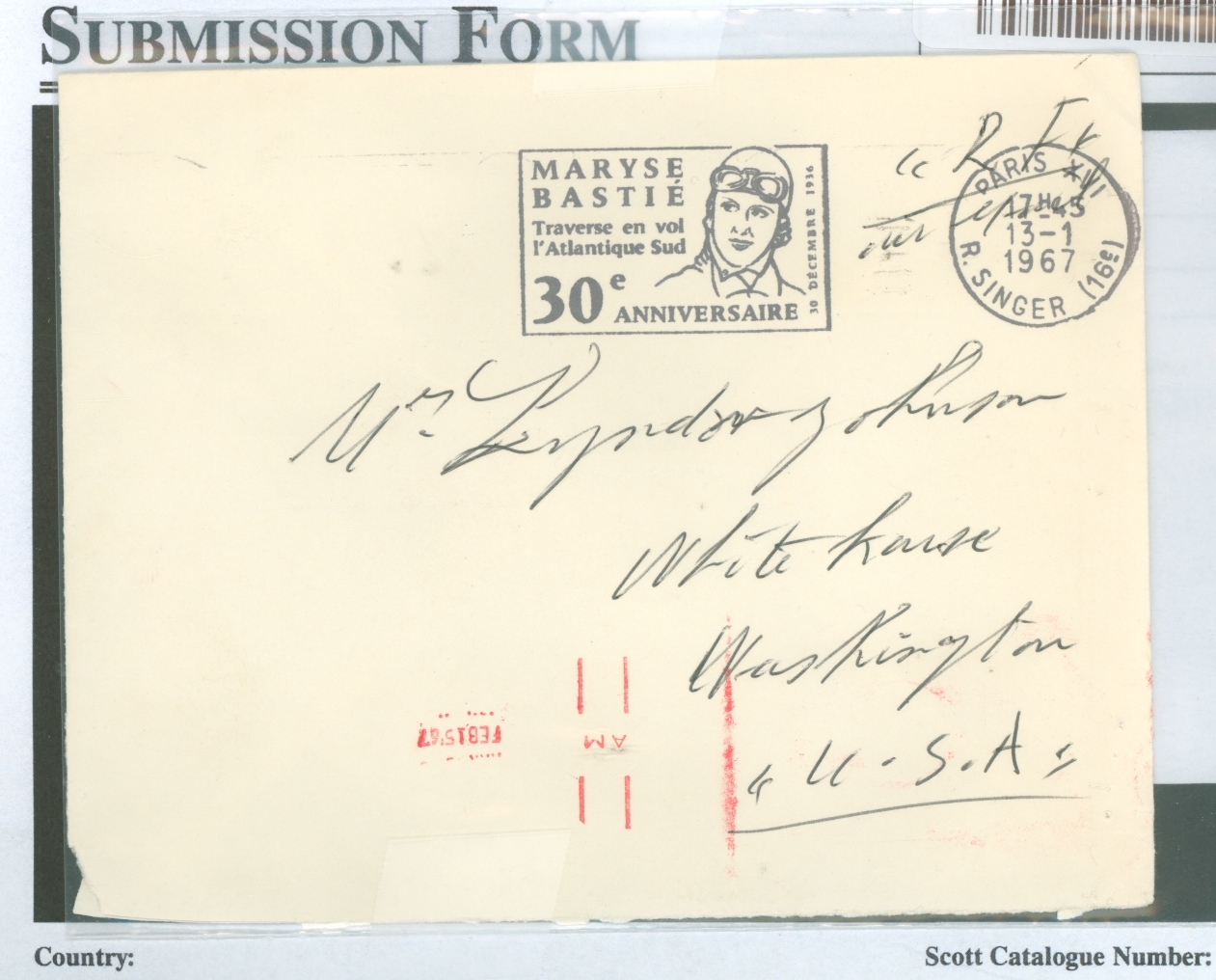 France Envelope addressed to President Johnson w/ White House receipt ...