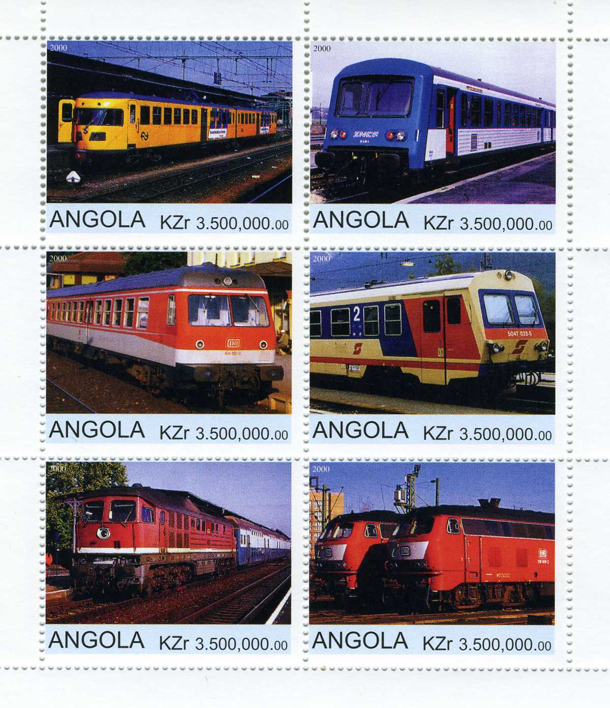 Angola 2000 TRAINS & LOCOMOTIVES Sheet (6) Perforated Mint (NH) / HipStamp