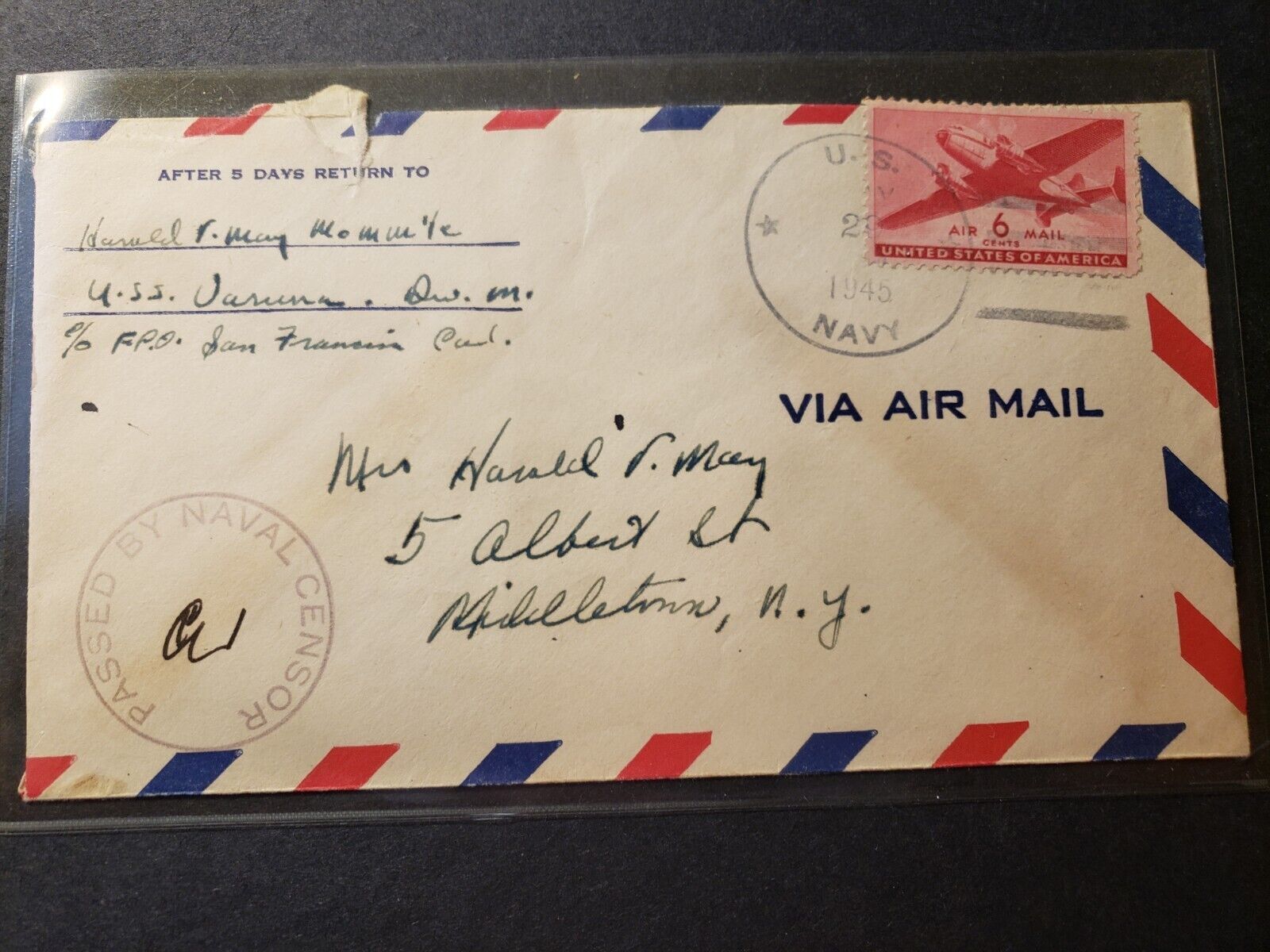 USS VARUNA AGP-5 Naval Cover 1945 Censored WWII Sailor's Mail ...