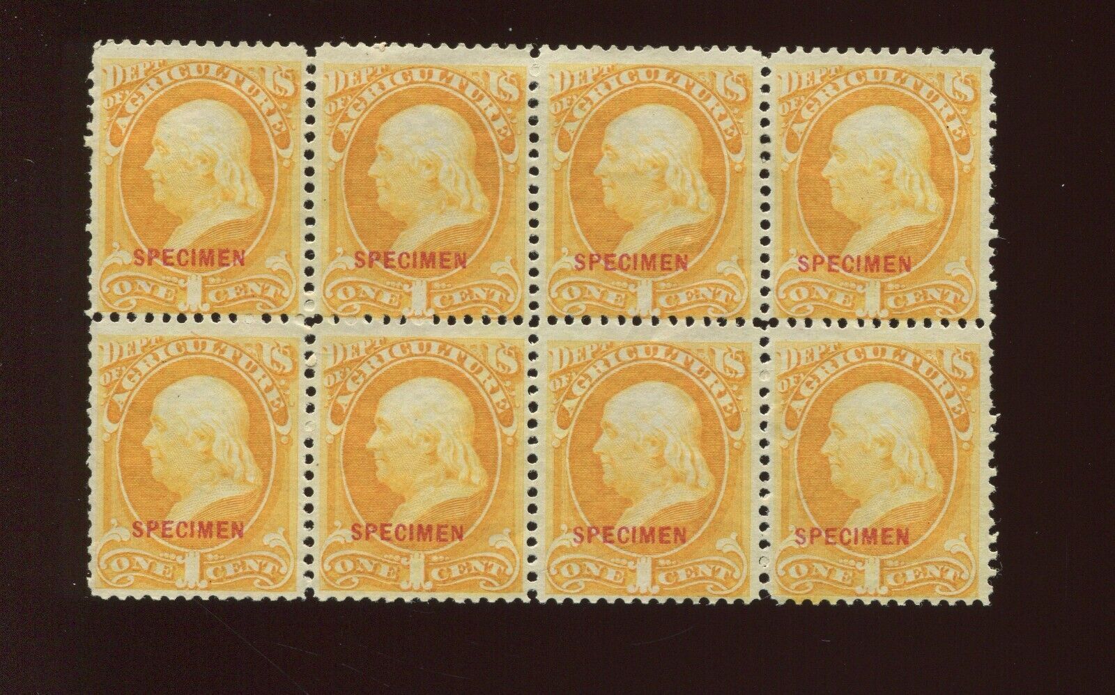 O1Sb Agriculture Dept Official Ribbed Paper Specimen Block of 8 Stamps ...