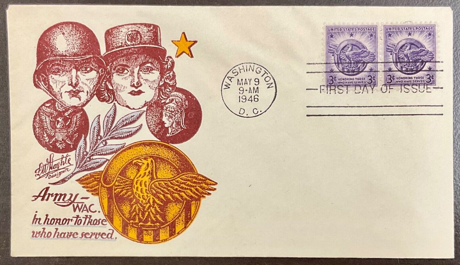 940 Staehle cachet Honorable Discharge Emblem WWII FDC 1946 Army WAC ...
