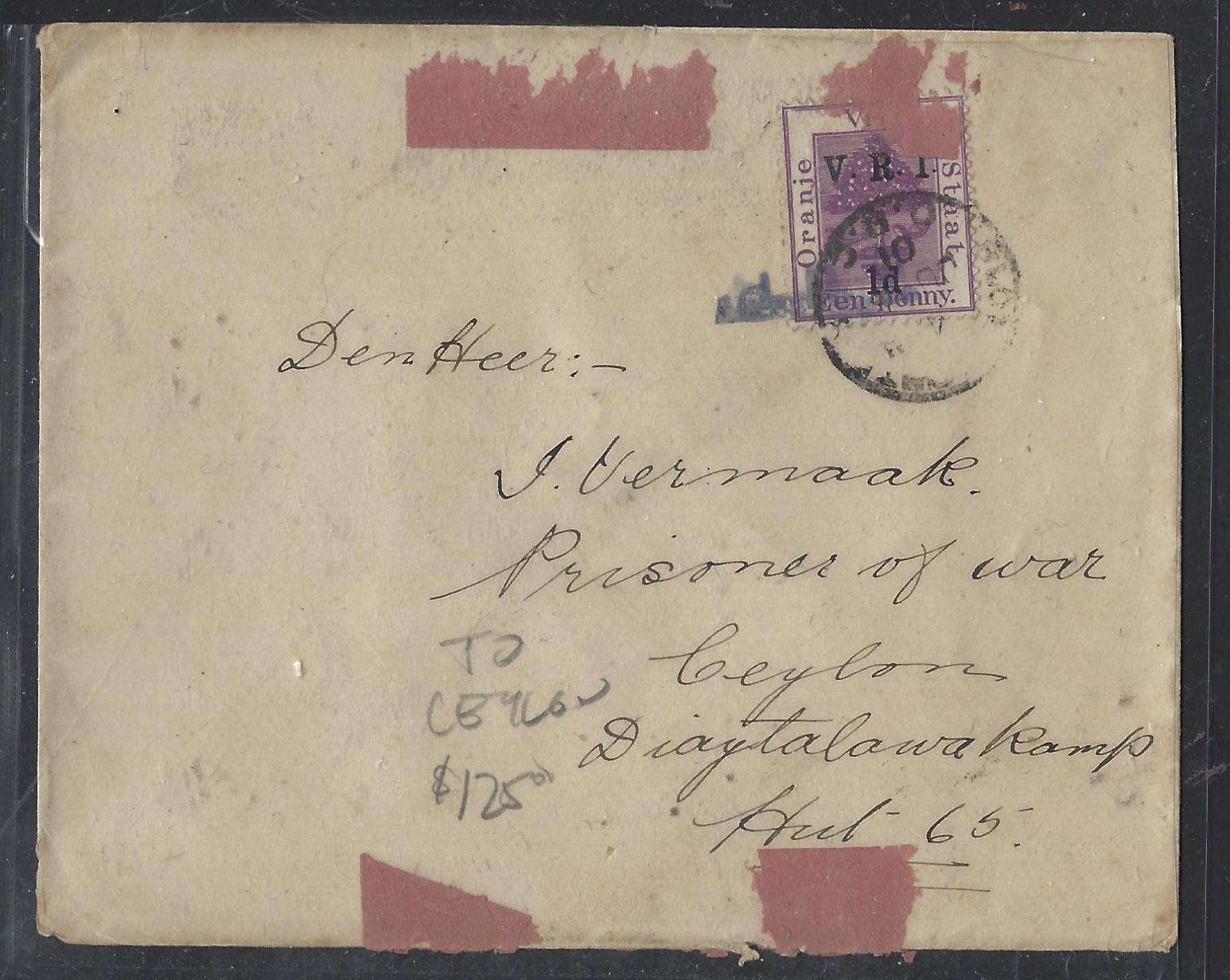 Ceylon (Pp0112B) 1901 Boer WAR Censor Incoming Orange Free State POW ...