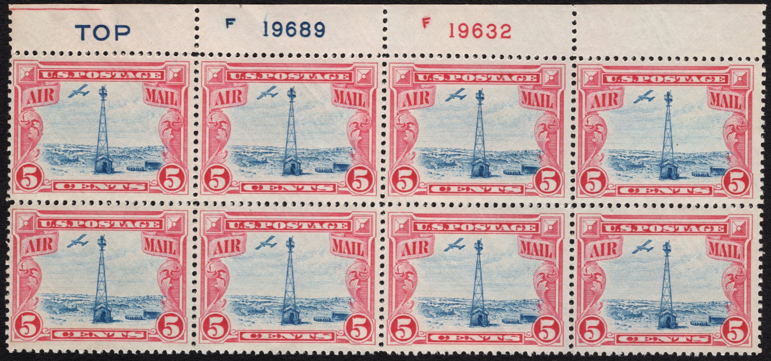 MNH 1928 Beacon on Rocky Mountains PNB of Six (+ Two) Stamps, Scott # ...