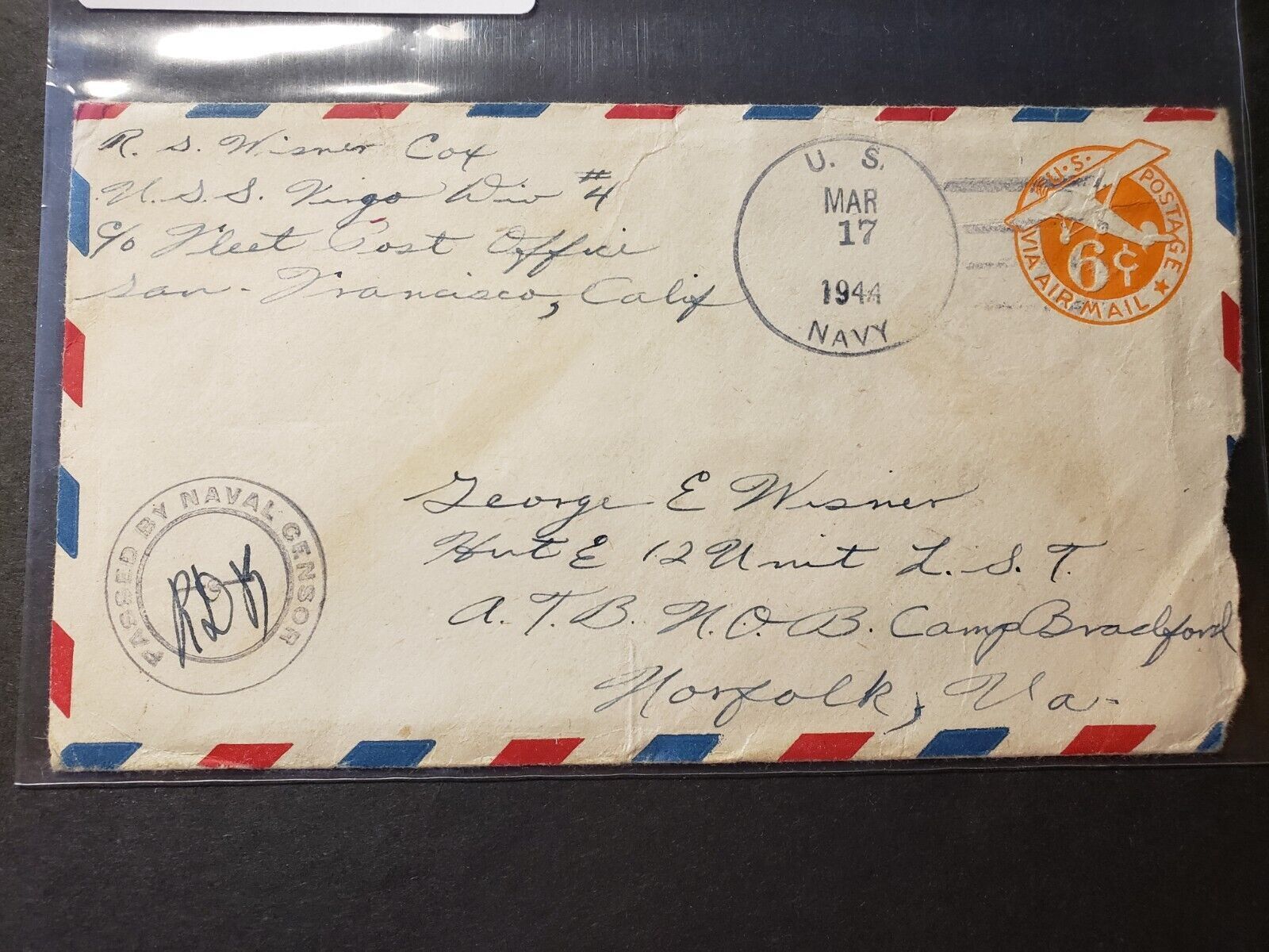 USS VIRGO AK-20 Naval Cover 1944 Censored WWII Sailor's Mail SOLOMON ...