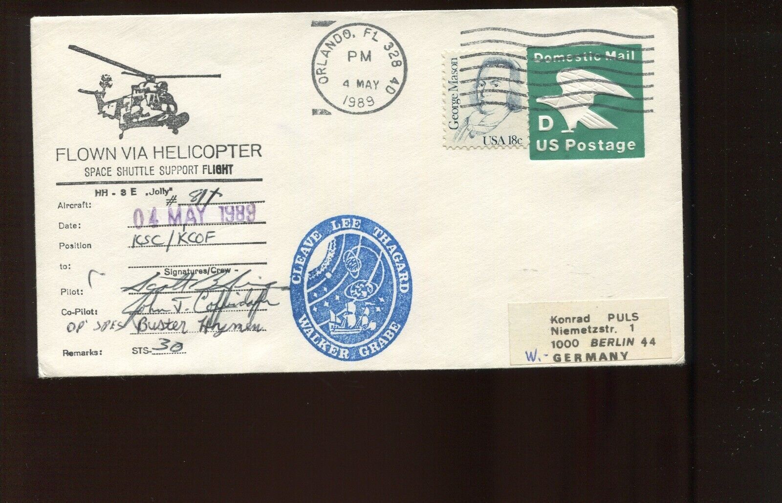Sts-30 Space Shuttle Helicopter Support Flight Pilot Signed Cover ...