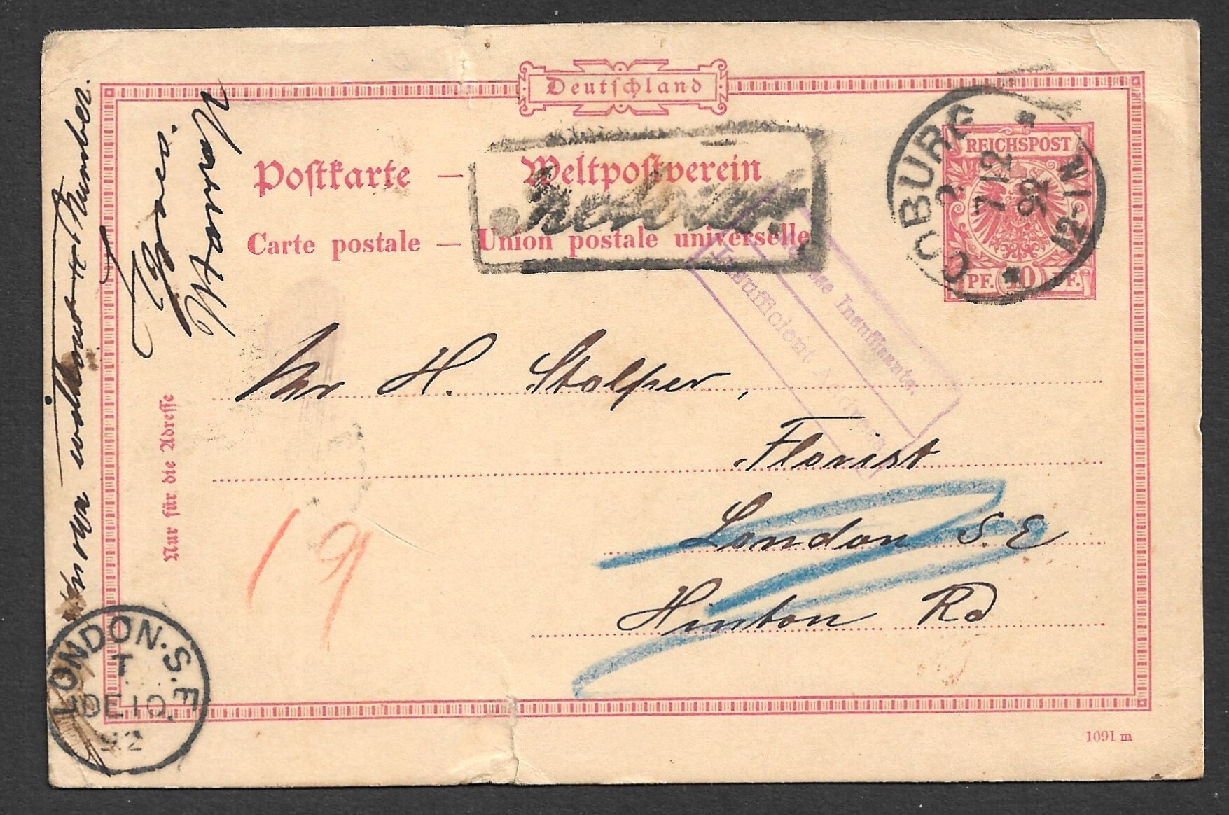 GERMANY 1890 20pf Eagle to England w Return Letter Office cds Postal ...