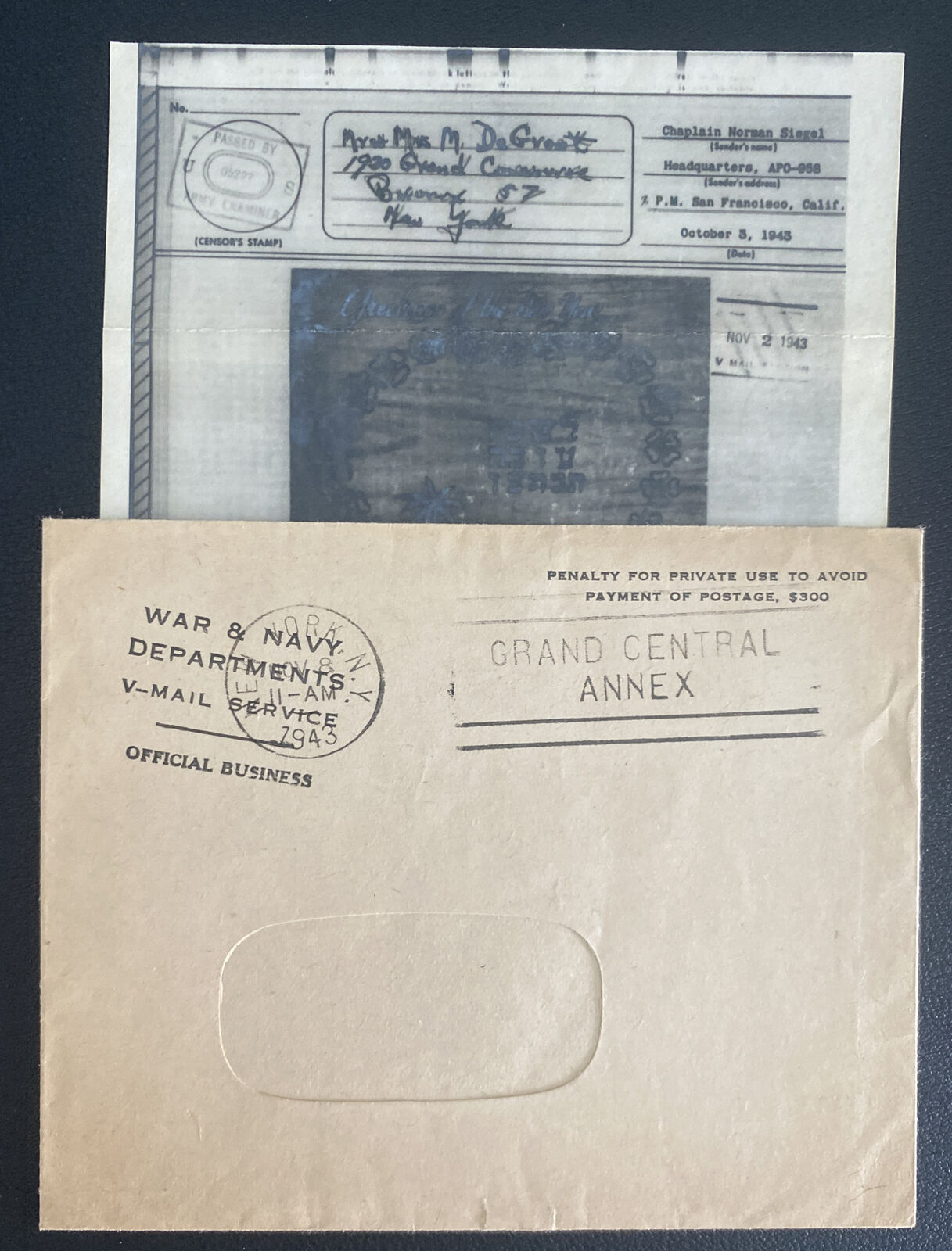 1943 Usa Airgraph V Mall Services Cover To Bronx NY Judaica | United ...