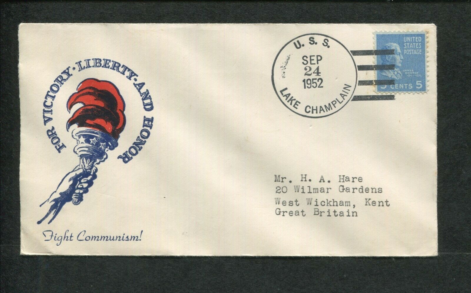 1954 Navy U.S.S. CV-39 Aircraft Carrier Fight Communism Postal Cover ...