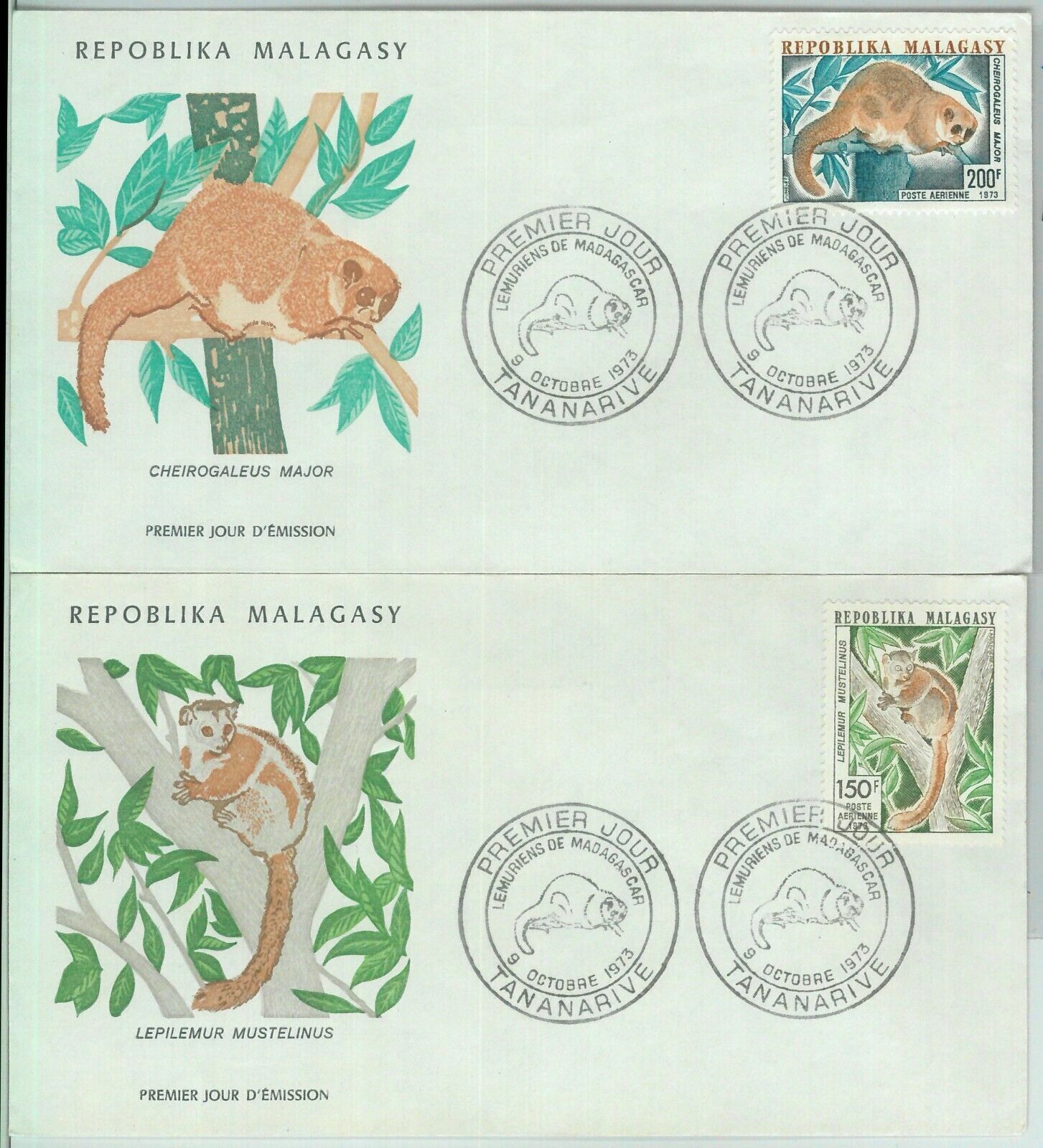 81132 - Madagascar - Postal History - 2 FDC Letters 1973 - Fauna Lemurs ...