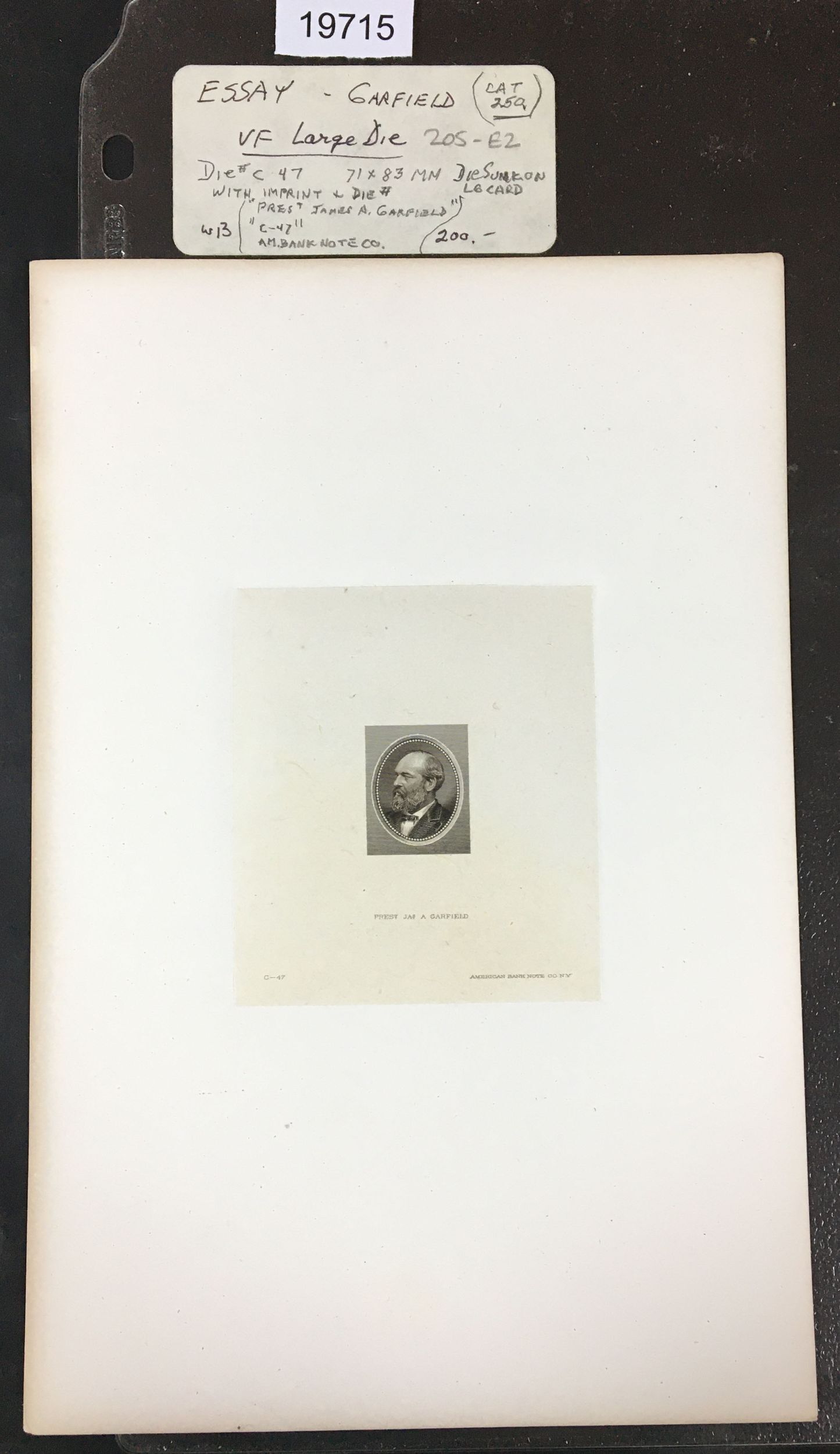 US Stamps # 205-E2 Garfield Essay Large DIE Proof on India LOT #19715 ...