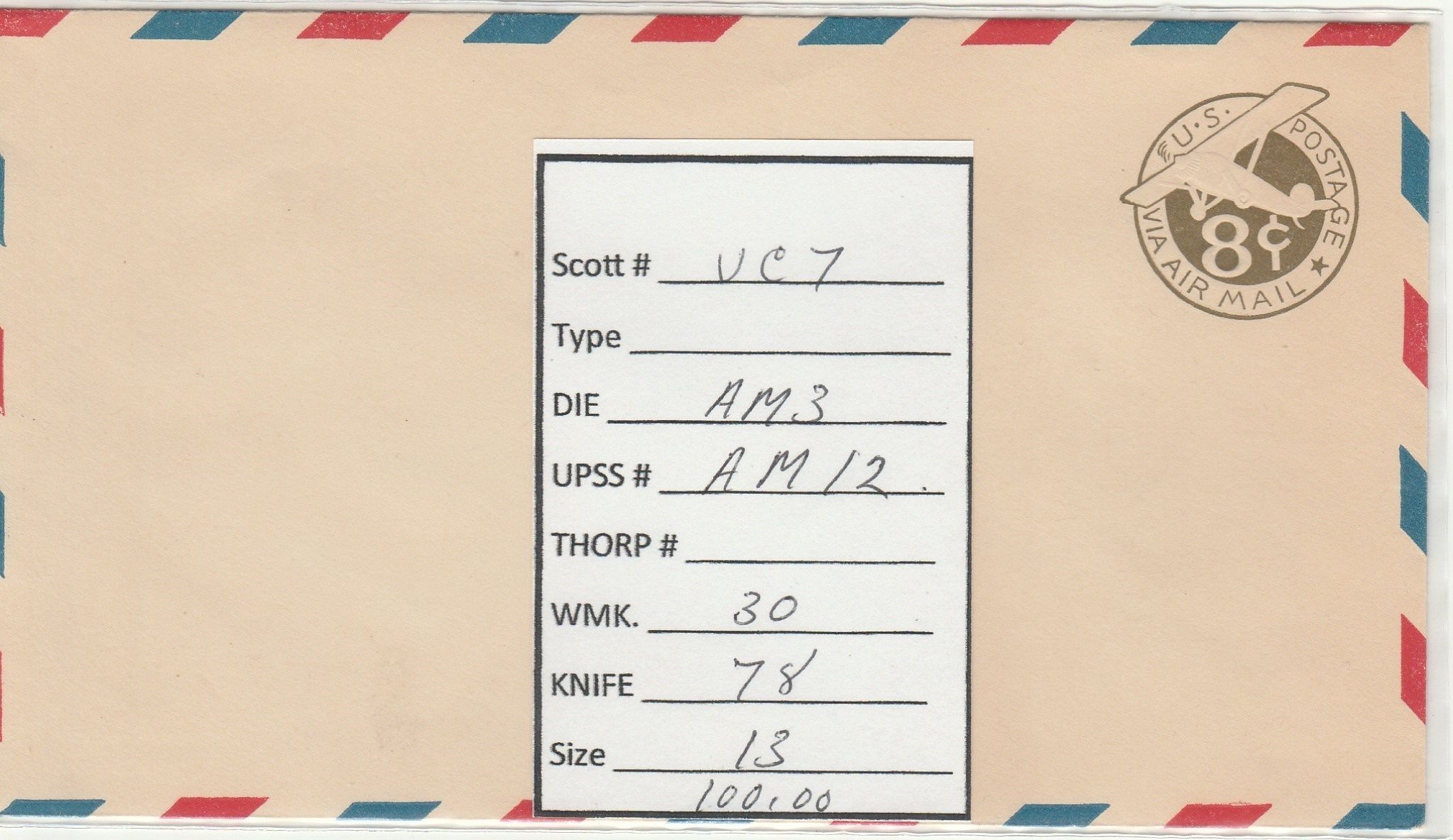 Scott# UC7 UPSS#AM12 Watermark 30 US air mail envelope. | United States ...