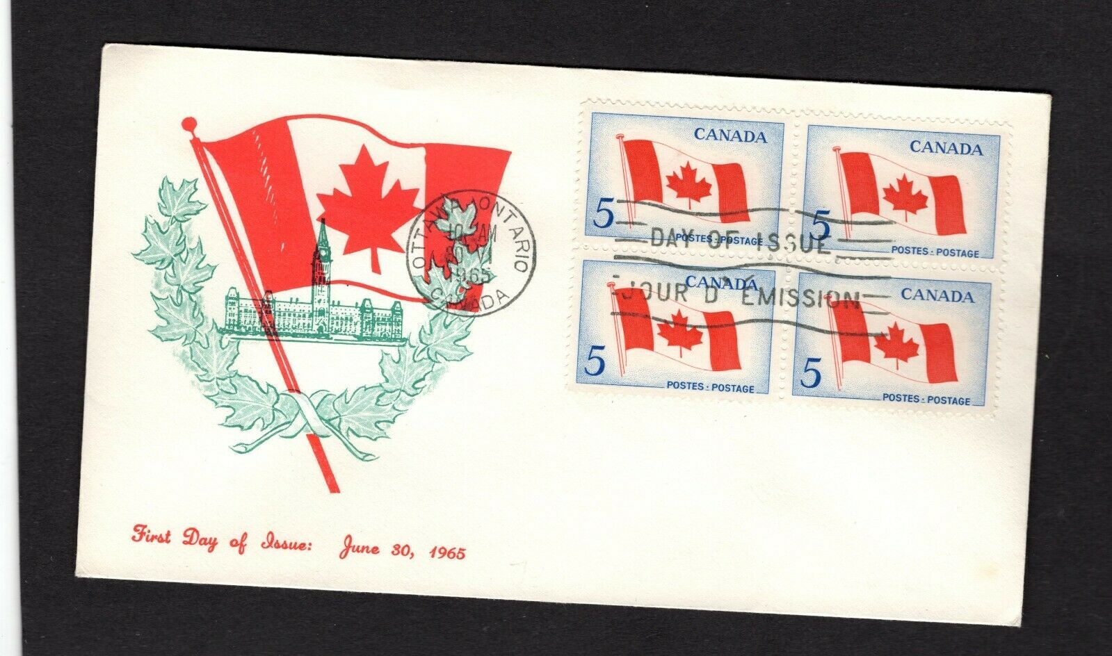 Canada 1965 New Flag #439 block of four FDC Personal cachet unaddressed ...