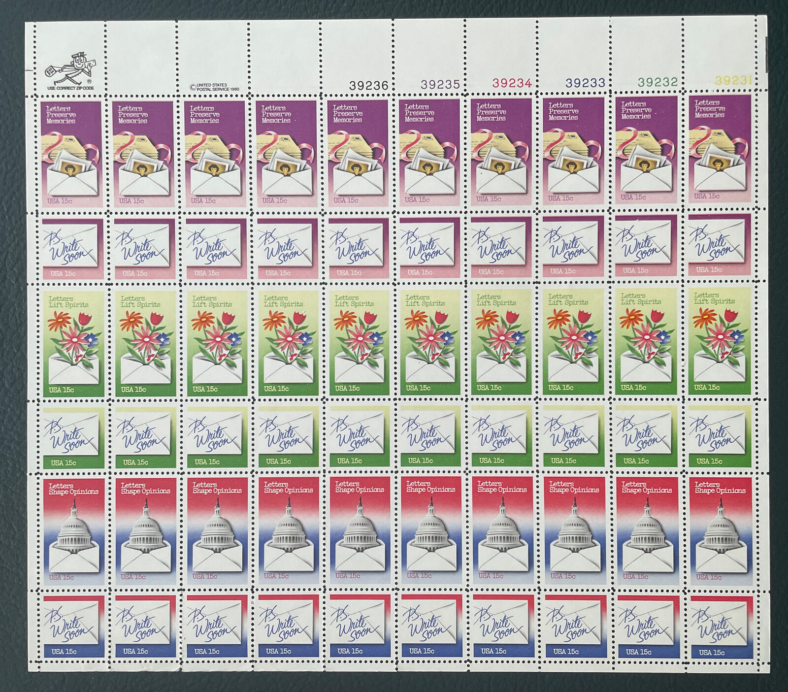 1805-1810 LETTER WRITING Sheet of 60 US 15¢ Stamps 1980 NH, Selvage ...