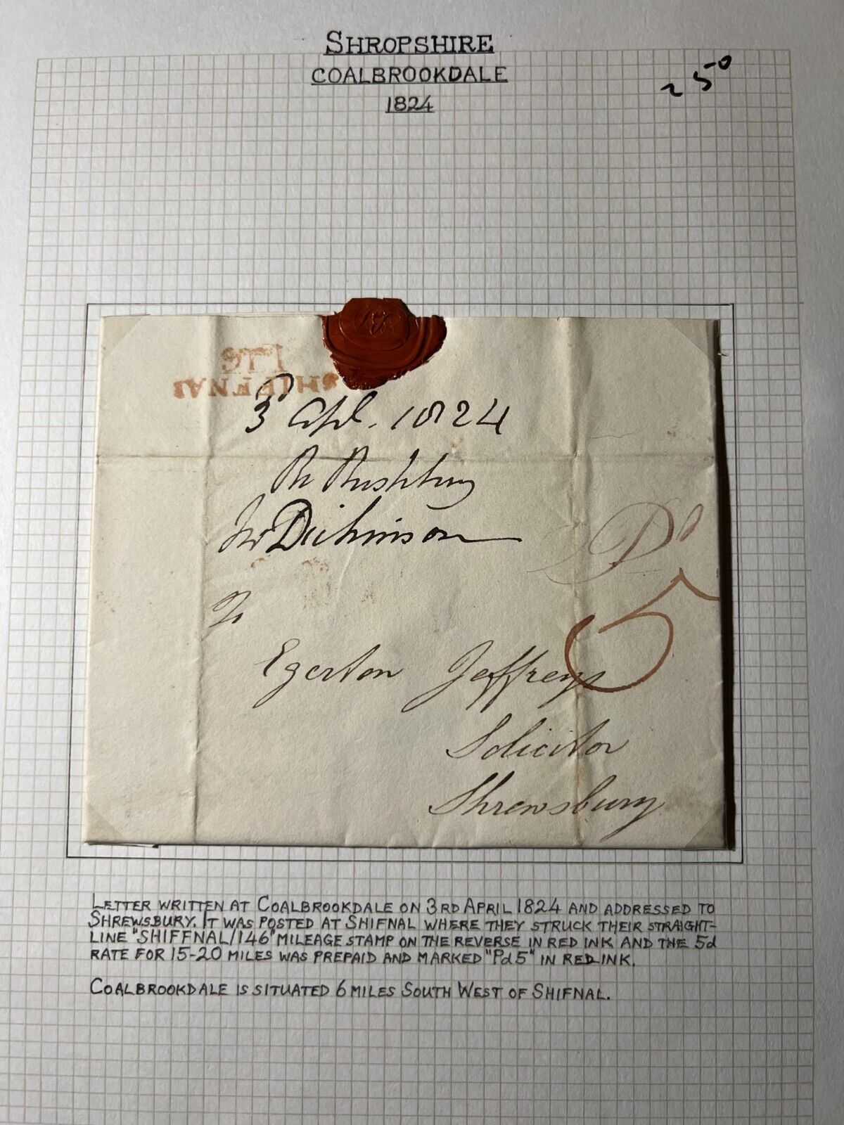 1824 England Folded LEtter Cover Shropshire Coalbrookdale to Shrewsbury ...