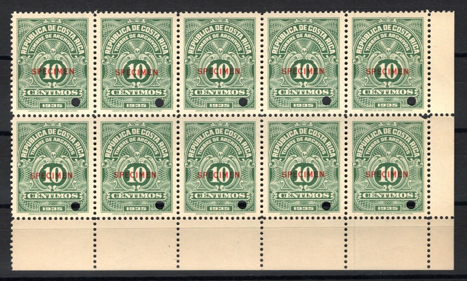 COSTA RICA ABNCo. Revenue Stamps 10c (1935) *SPECIMEN* Block {10} UMM ...