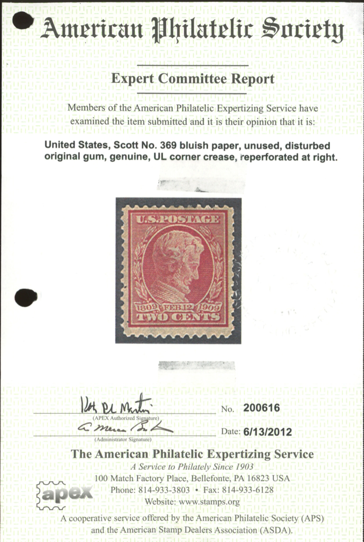 U.S. #369 Unused With APS Cert | United States, General Issue Stamp ...