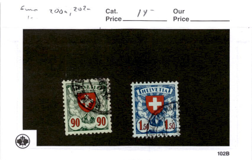 Switzerland, Postage Stamp, #200a, 202a Used, 1924 Shield Cross (CO ...