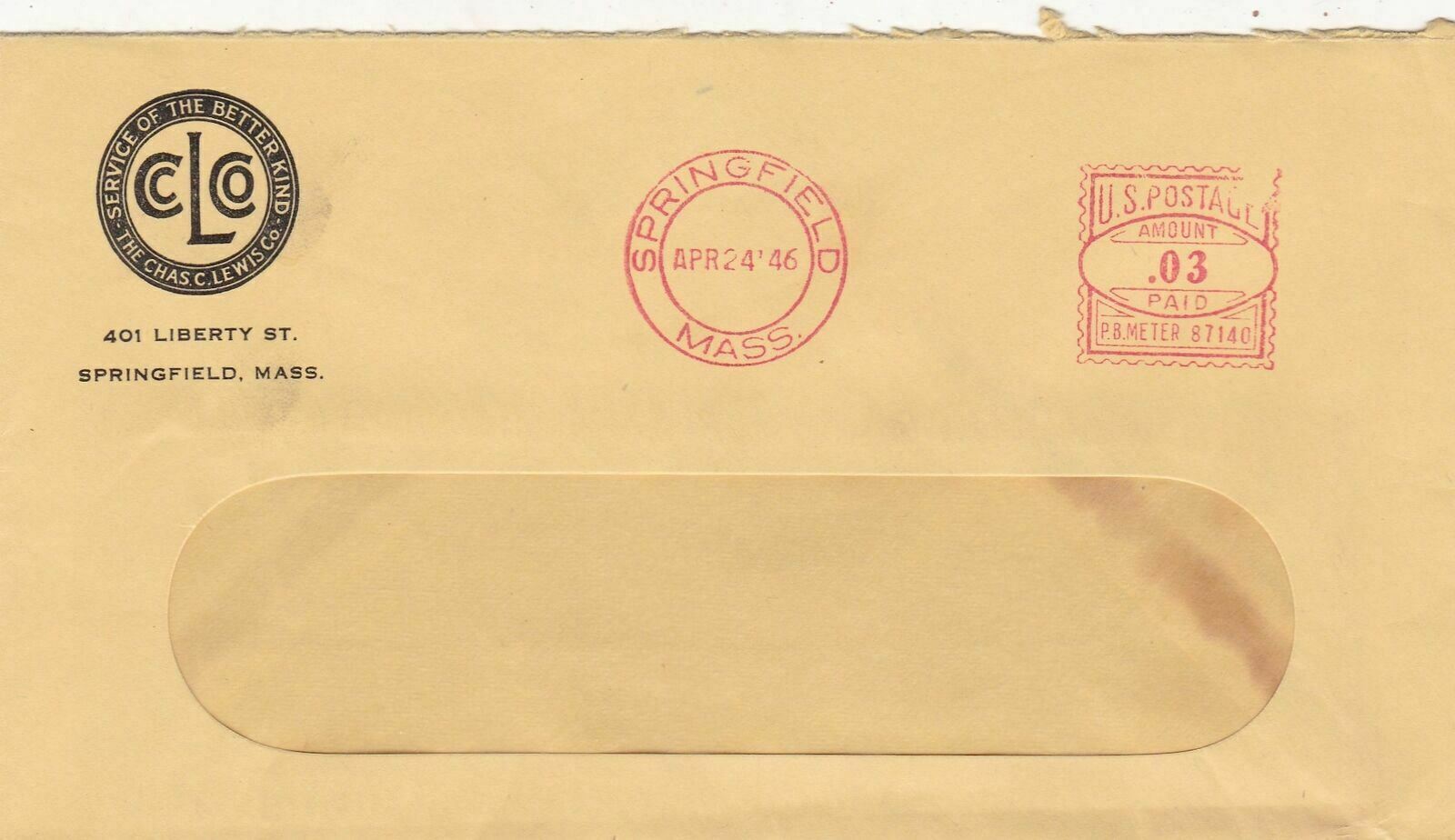 U.S. THE CHAS. C. LEWIS CO. Logo Liberty St, Mass.1946 Meter Mail Cover ...