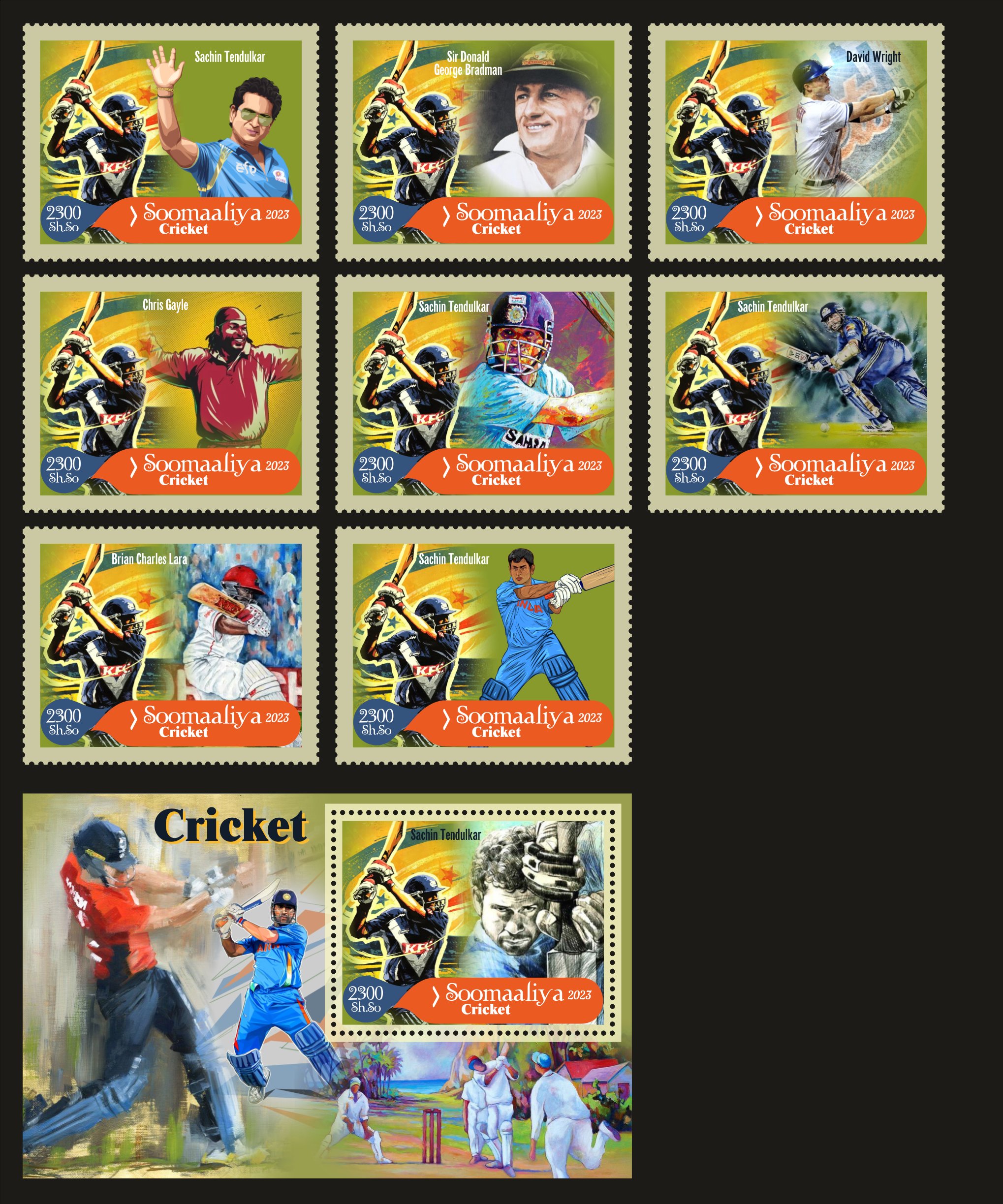 Stamps. Sports. Cricket 2023 year block + 8 stamps perforated Somalia ...