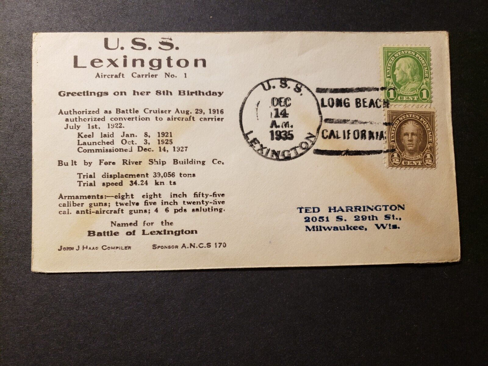 Aircraft Carrier USS LEXINGTON CV-2 Naval Cover 1935 HARRINGTON Cachet ...
