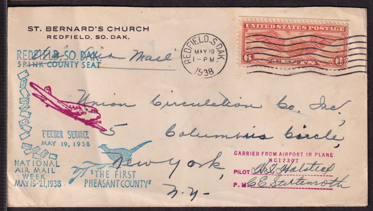 1938 National Air Mail Week NAMW Redfield S. Dakota SD signed Pilot ...