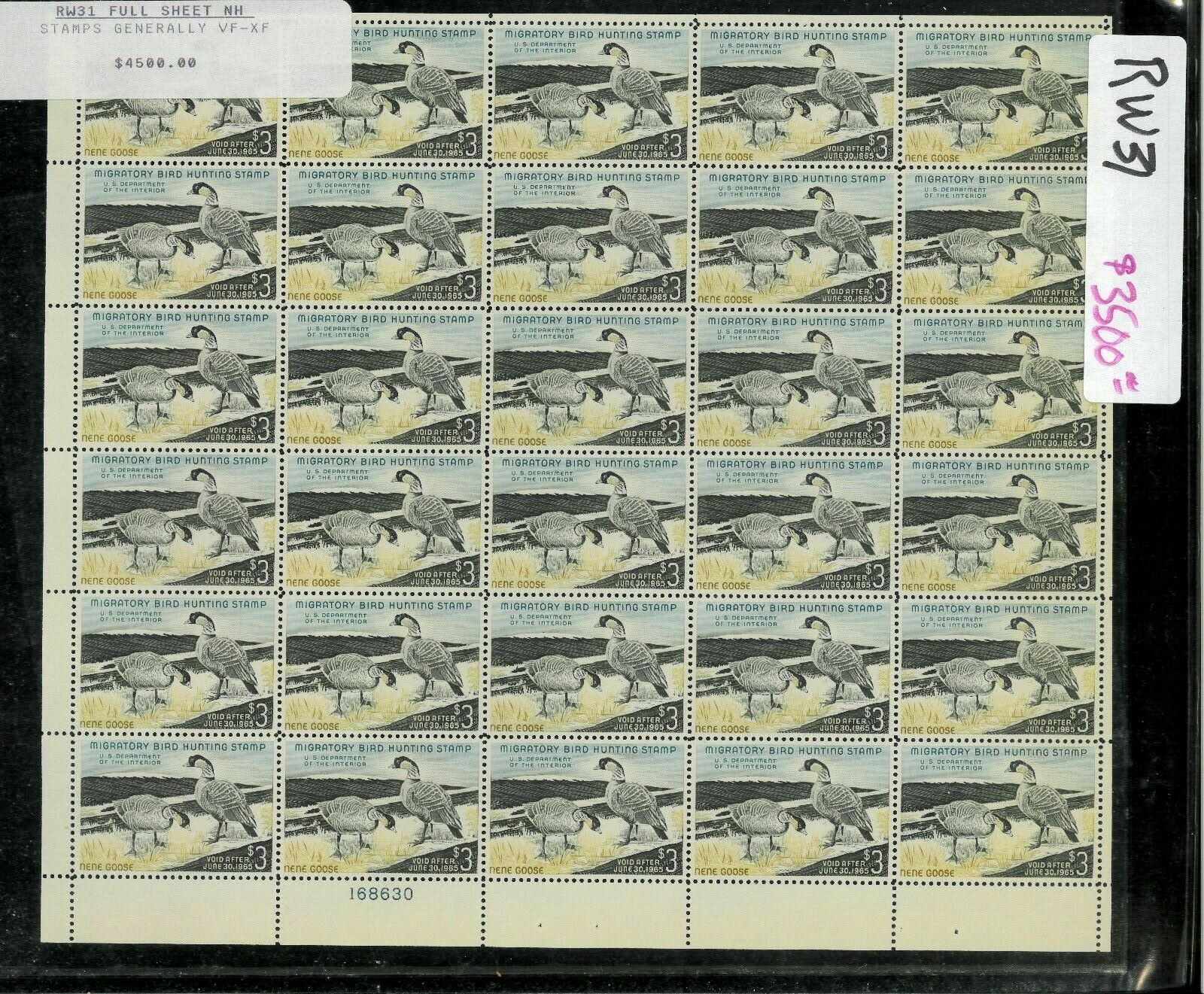 Rw31 1964 Full Federal Duck Stamp Sheet. Very Scarce . | United States ...