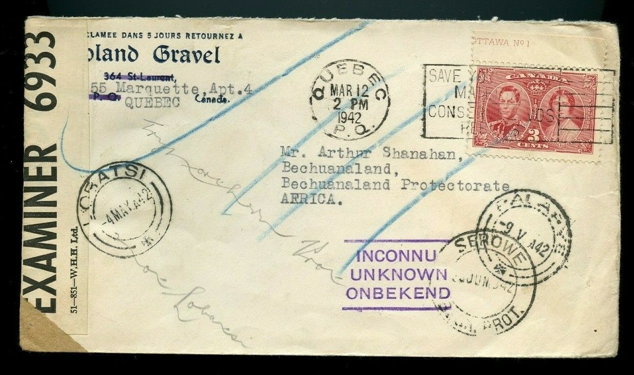 RARE to BECHANALAND Censor Return Sender w/receivers 1942 Canada cover ...