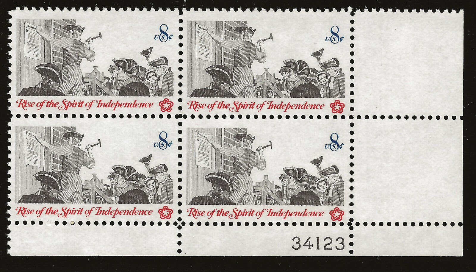 US Scott #1477, Plate Block #34123 1973 Independence 8c FVF MNH Lower ...