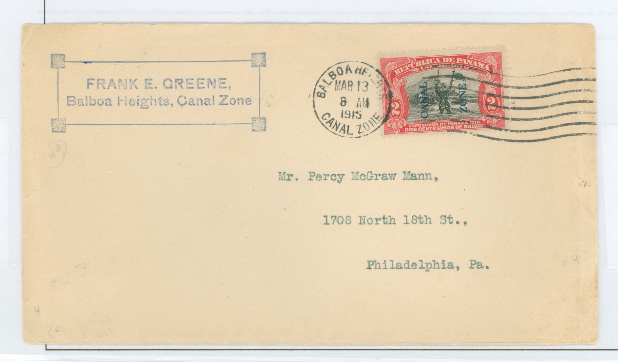 Canal Zone 43 March 13 1915 early usage Balboa Heights CZ to ...