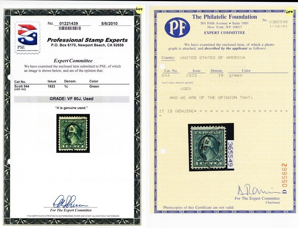 544, Used 1¢ VF - PFC And Graded 80J JUMBO PSE Certificates - Stuart ...
