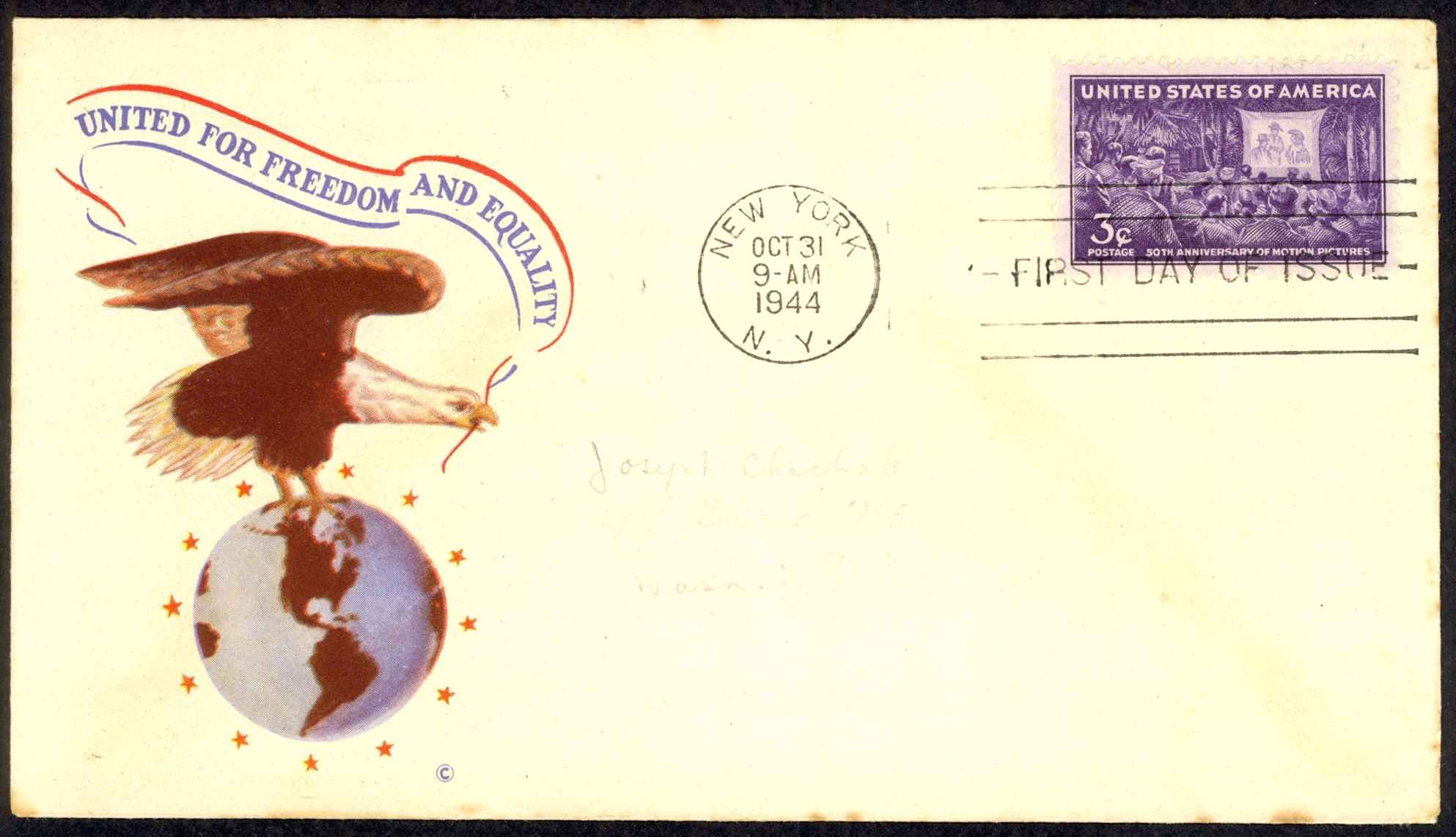 USA Sc# 926 (Jacques Minkus cachet) FDC (a) (New York, NY) 1944 Motion ...