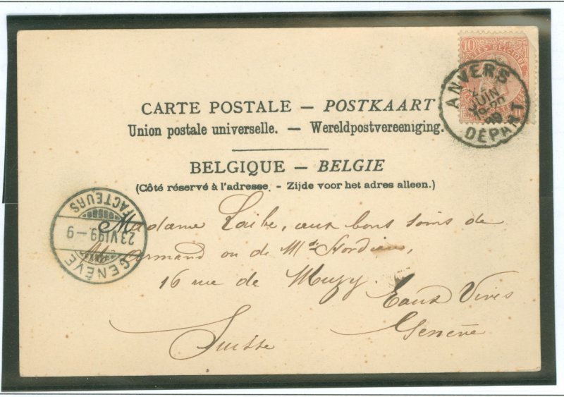 Belgium 65 1899 Postcard Anvers to Geneva, Switzerland; U.R. stamp ...