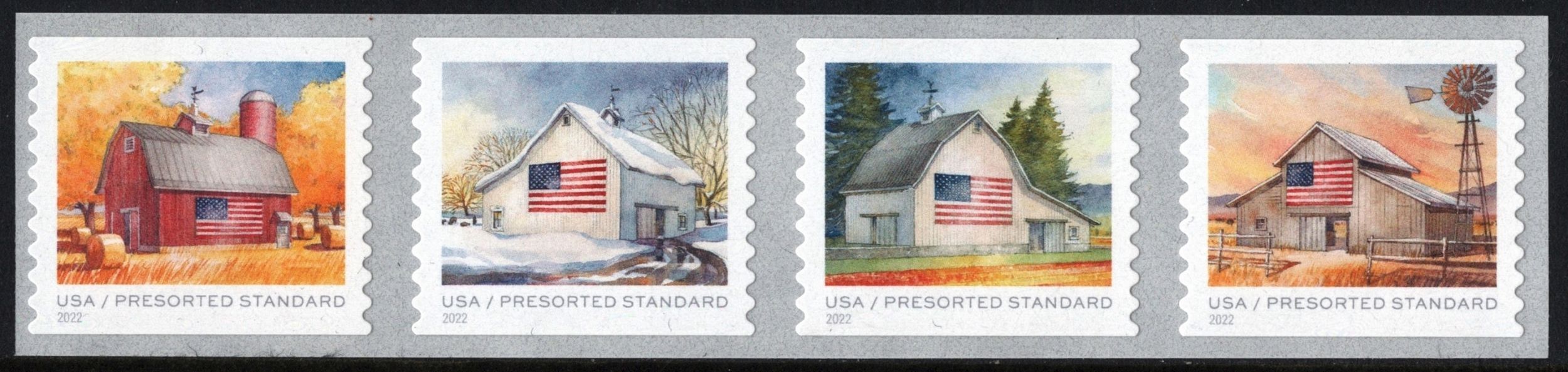 SC#5684-87 (Presorted Standard) Flags on Barns Coil Strip of Four (2022 ...