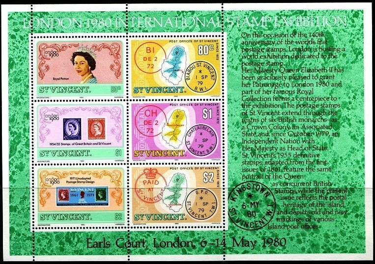 ST. VINCENT 1980 Stamp Expo London-80. Stamps on Stamps. Maps. Souv sheet, MNH | Caribbean - St ...
