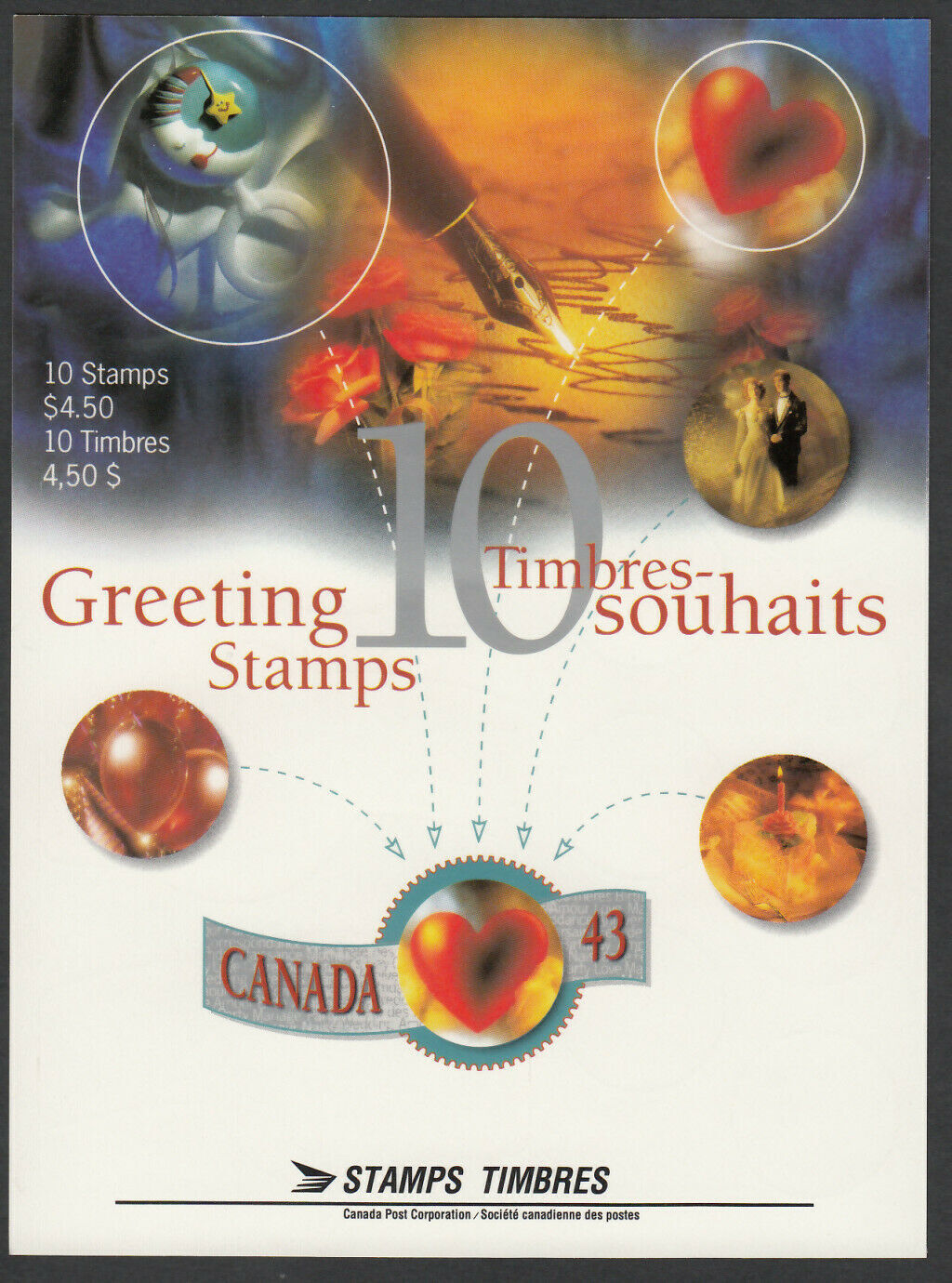 GREETING = Booklet Page of 4 stamps w/stickers CANADA 1994 #1507-1508 ...