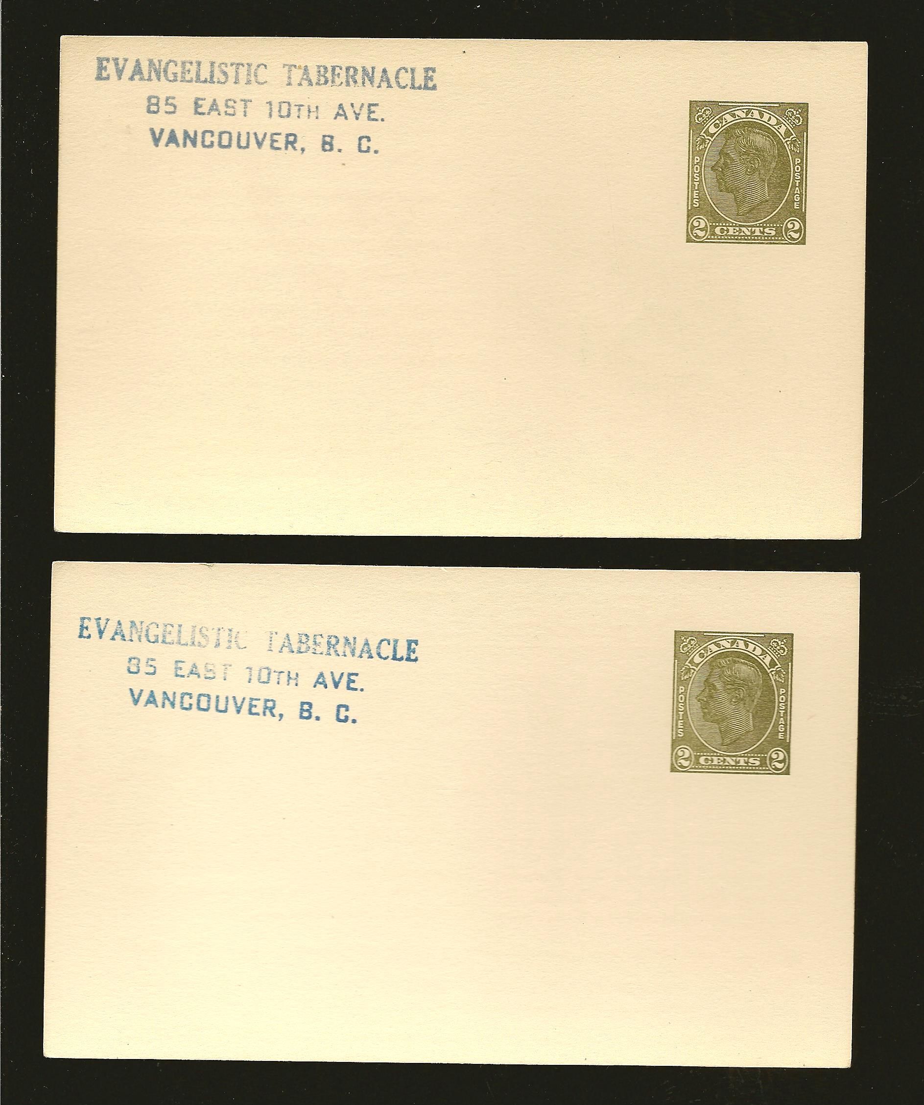 Canada SC#UX74 King George VI Pre-stamped Post Cards Pair Church Ads ...