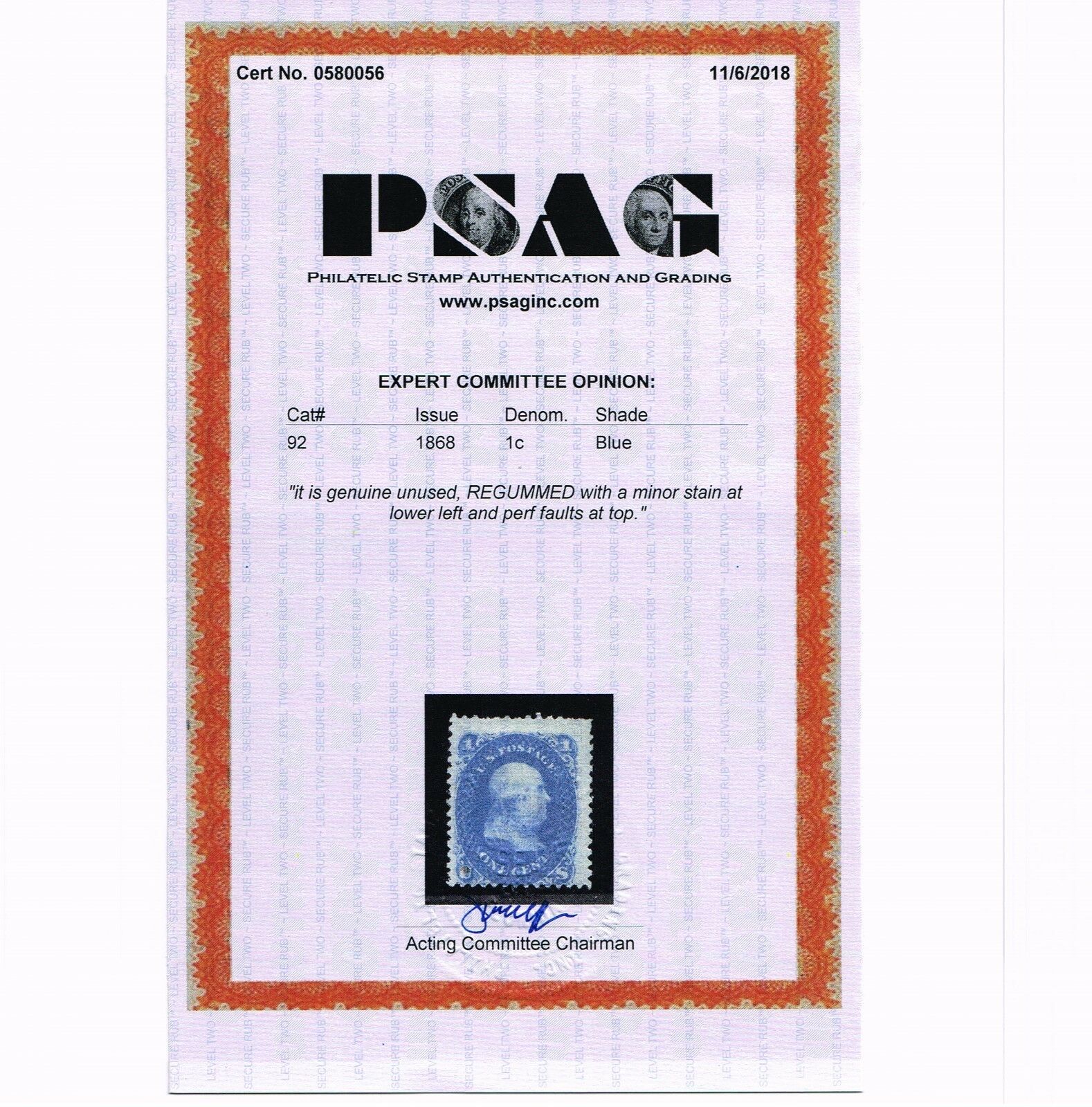 Exceptional Genuine Scott #92 VF Mint RG 1868 Blue Psag Cert Clear F ...