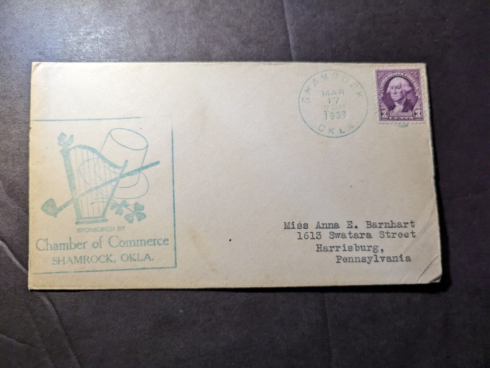 1933 USA Cover Shamrock OK to Harrisburg PA Chamber of Commerce Cachet ...